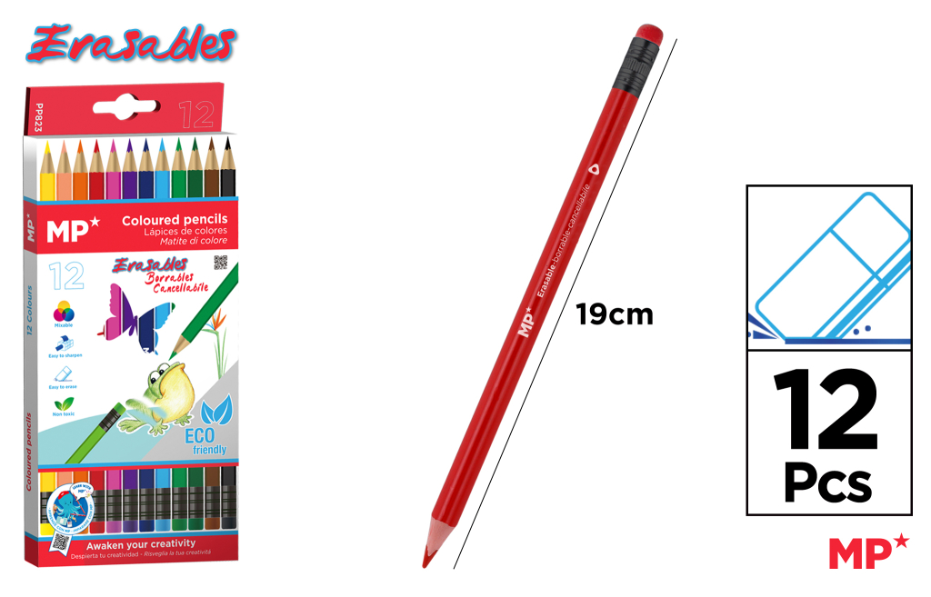 LAPICEROS DE COLORES BORRABLES 12U